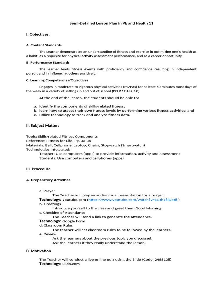 PE and Health 11 Lesson Plan: Fitness Skills | PDF | Teachers ...