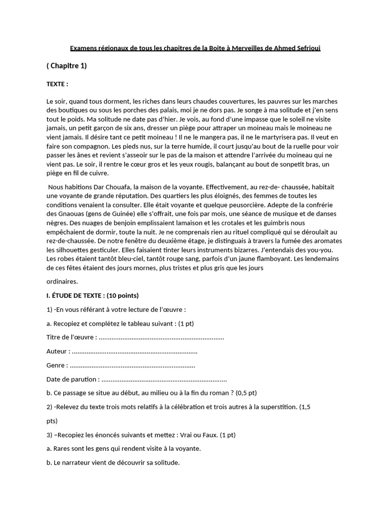 Examens Régionaux de Tous Les Chapitres de La Boite À Merveilles de Ahmed Sefrioui - Copie | PDF