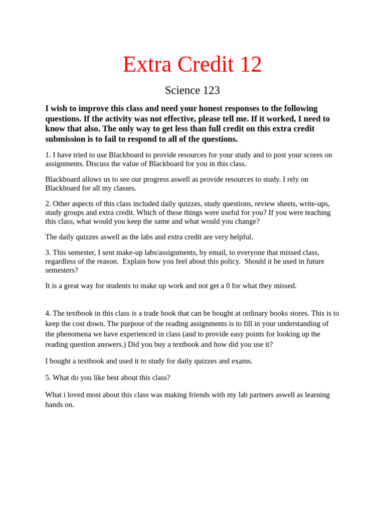 Extra Credit 12-Course Evaluation | PDF