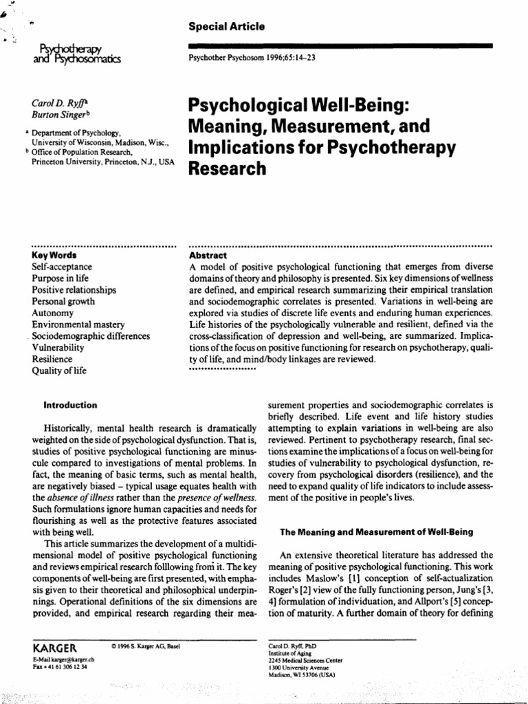 Ryff Singer Psychological.well Being | Quality Of Life | Stress (Biology)