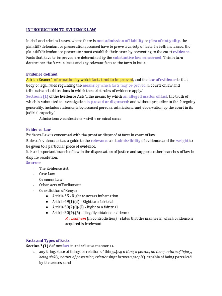 EVIDENCE LAW.pdf notes | PDF | Burden Of Proof (Law) | Evidence (Law)