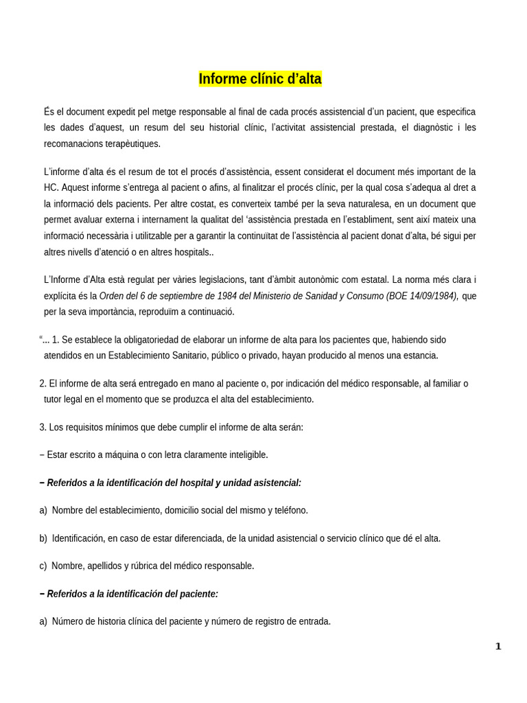 Informe Clínic d'Alta: Guía Esencial | PDF | Diagnostico medico ...