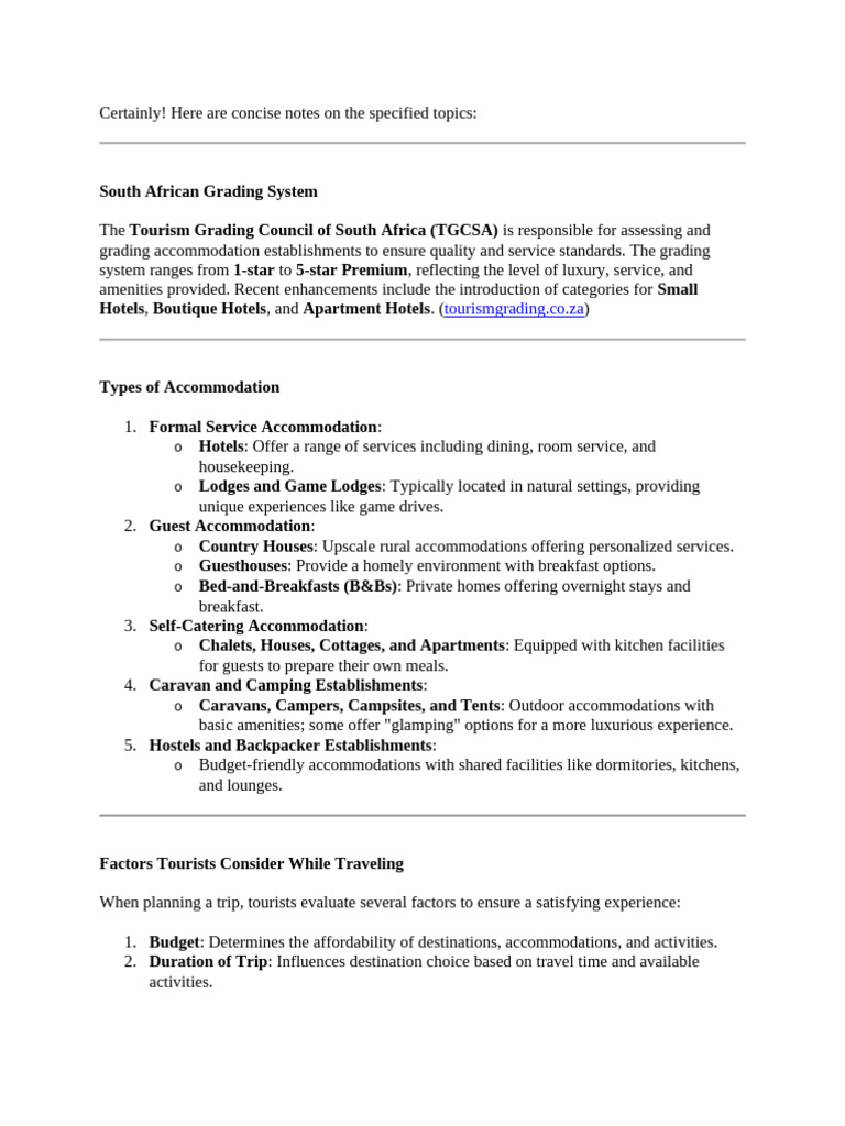 Grade 10 Tourism Notes: Grading & Factors | PDF | Camping | Hotel
