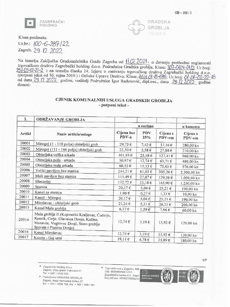 Cjenik Grobljima | PDF