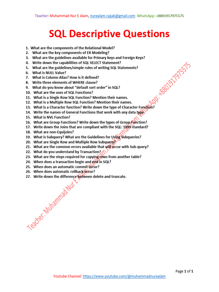 SQL Descriptive Questions Overview | PDF