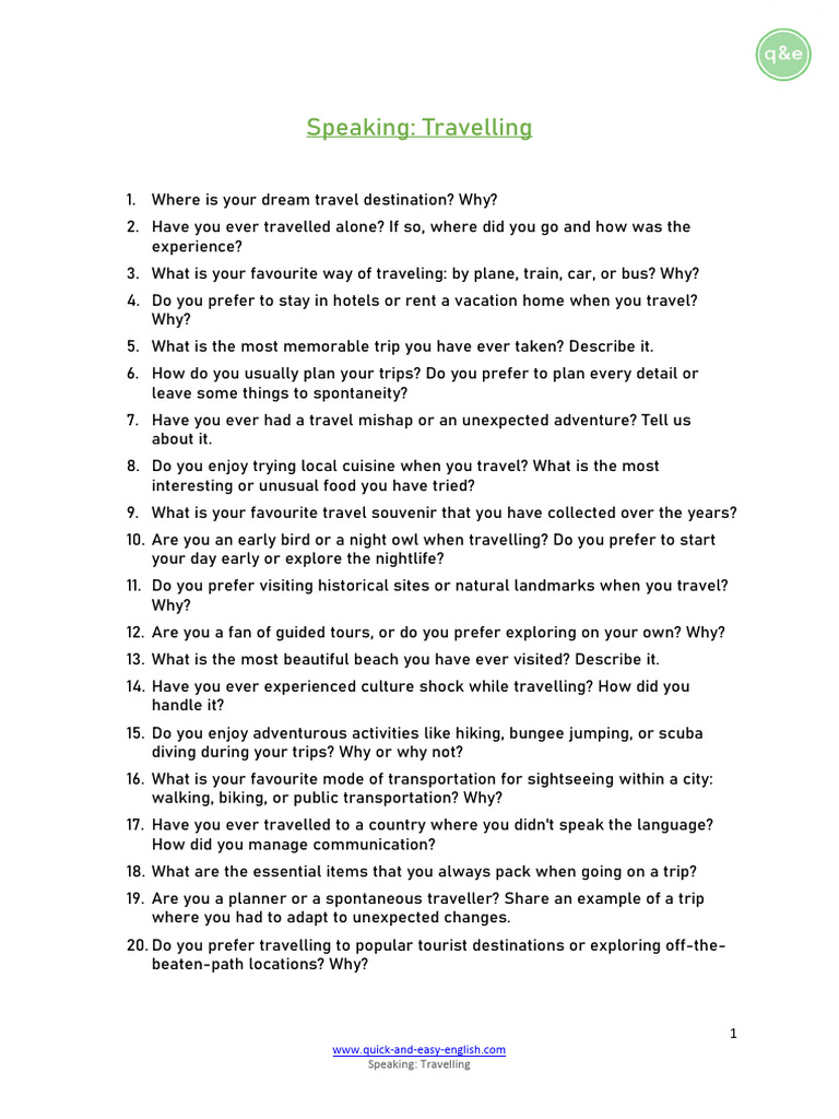 Travel Speaking Questions Guide | PDF