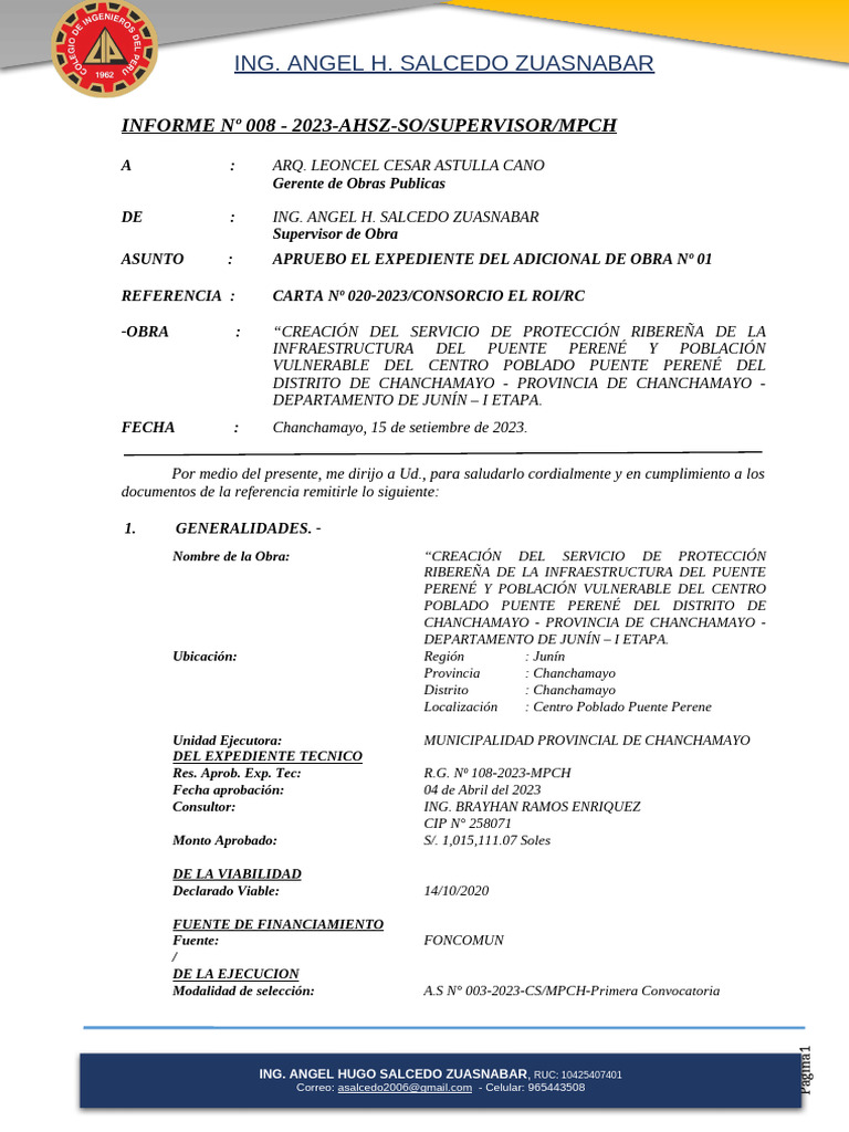 Informe de Adicional de Obra Nº 01 | PDF | Presupuesto