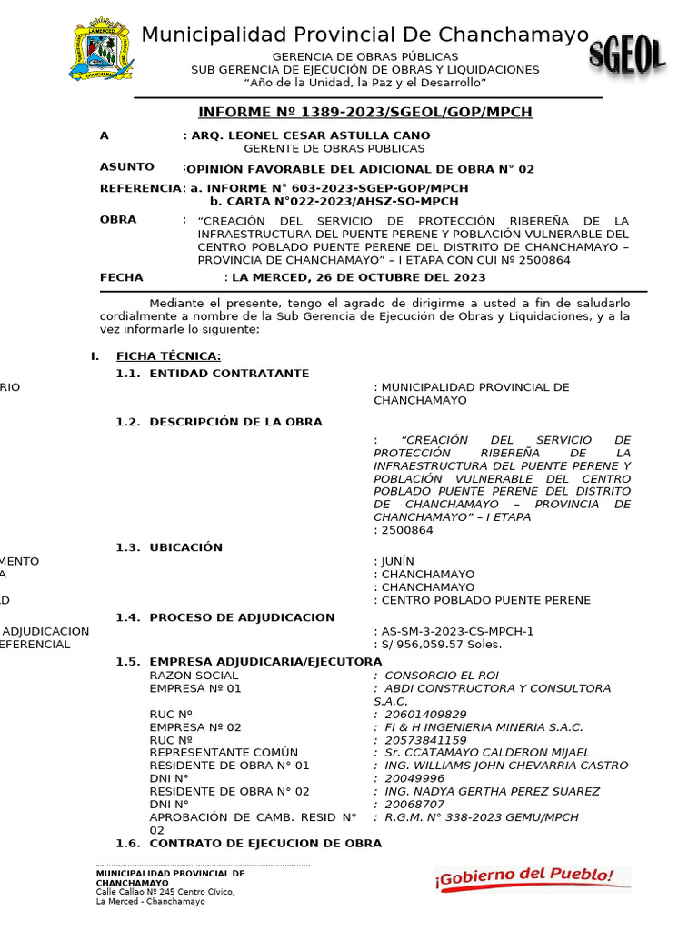 Informe #000 - Opinion Favorable Al Adicional de Obra N 02 - Perene Ok 02 | PDF | Presupuesto