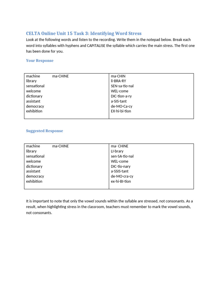 CELTA Online Unit 15 Task 3 - Identifying Word Stress | PDF