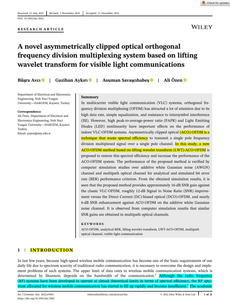 Done Int J Communication - 2022 - Avc - A Novel Asymmetrically Clipped Optical Orthogonal ...
