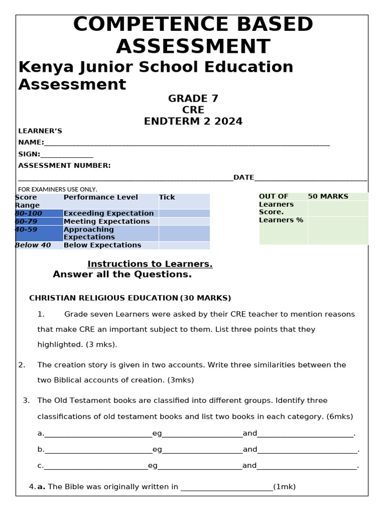 g7 Cret 2024 Teacher - Co .Ke 10 | PDF | Bible | Book Of Exodus