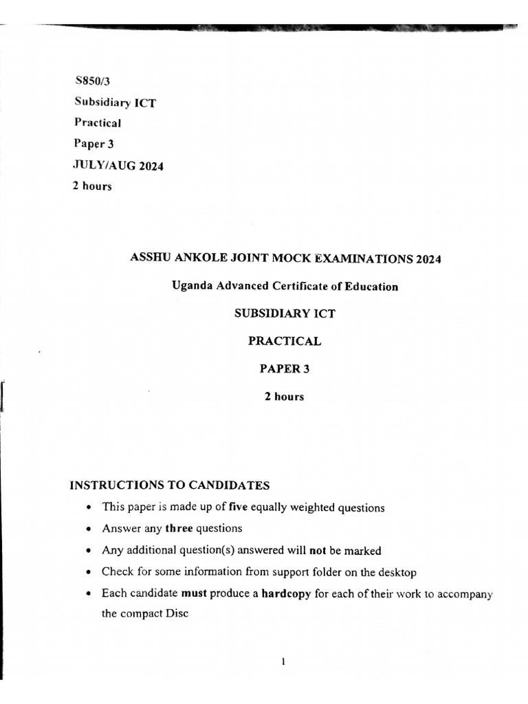 Uace Ict P. 3 Asshu Ànkole Mock 2024 | PDF