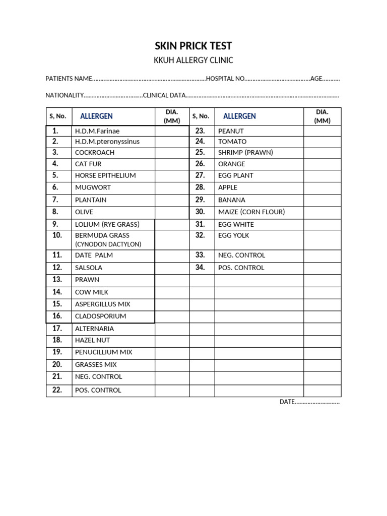 Skin Prick Test Form Immuno Kkuh | PDF