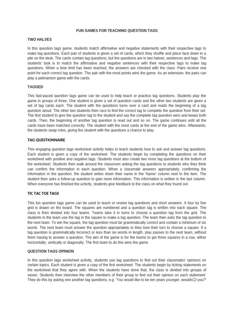 Fun Games For Teaching Question Tags | PDF | Question | Linguistics