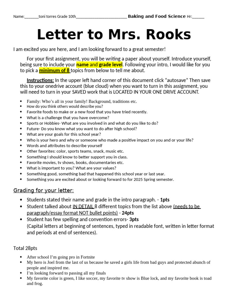 Grade 10 Student Introduction Letter | PDF