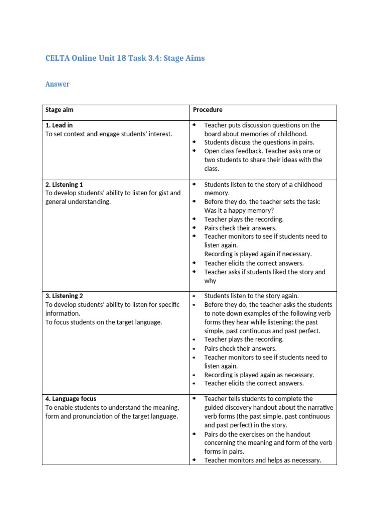 CELTA Online Unit 18 Task 3.4 - Stage Aims | PDF | Linguistics ...