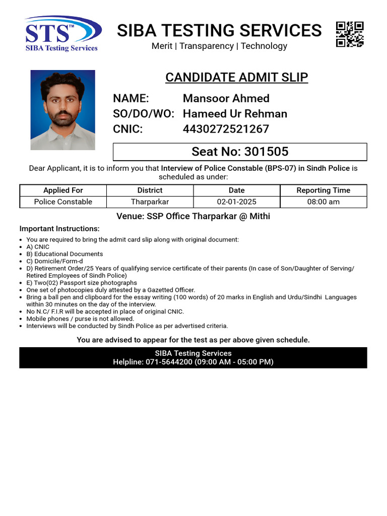 Siba Testing Services: Candidate Admit Slip | PDF