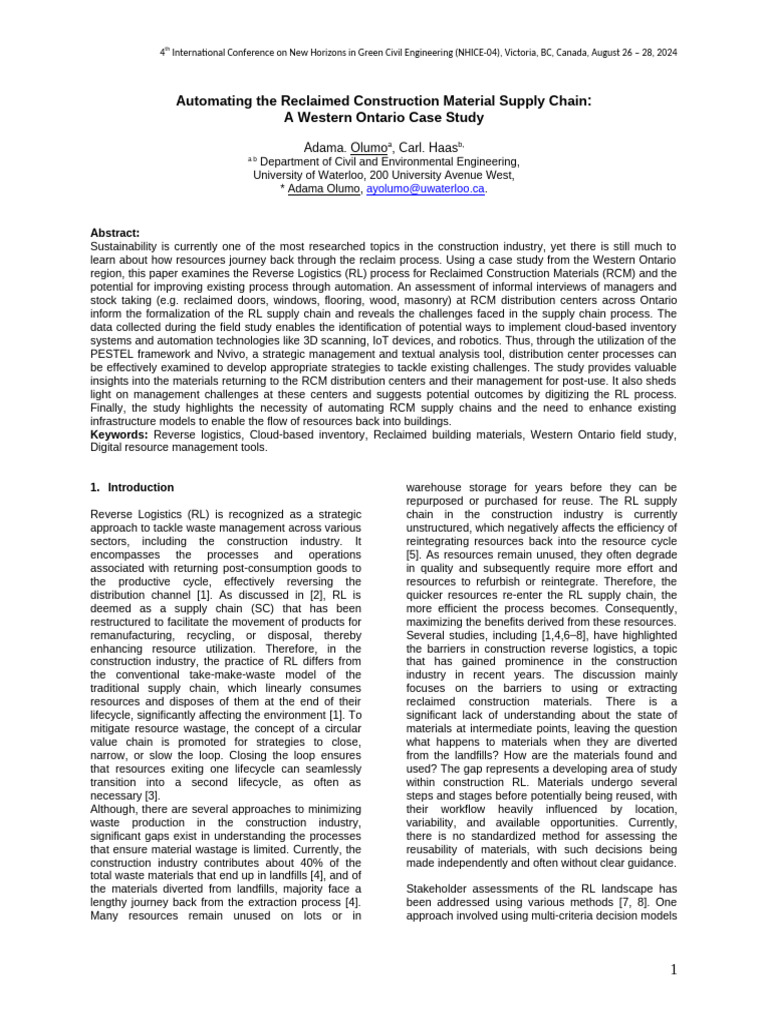 01-Automating The Reclaimed Construction Material Supply Chain | PDF | Supply Chain | Logistics