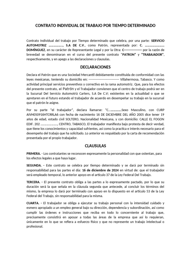 Contrato Individual de Trabajo Por Tiempo Indeterminado | PDF | Salario