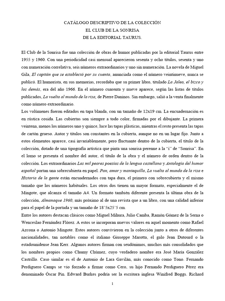 Catalogo Descriptivo de La Coleccion El Club de La Sonrisa de La ...