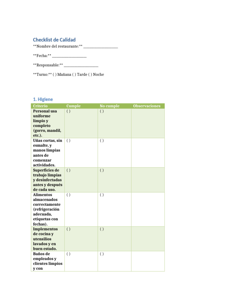 Checklist de Calidad | PDF