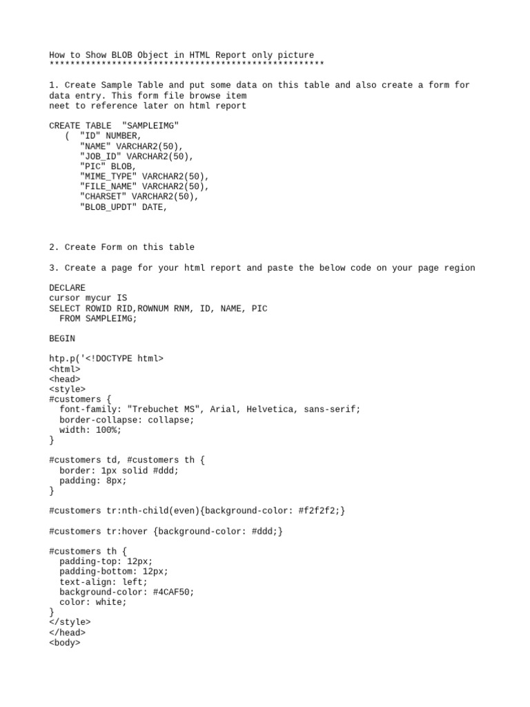 How to Show BLOB Object in HTML Report only picture | PDF | Computer Data | Databases