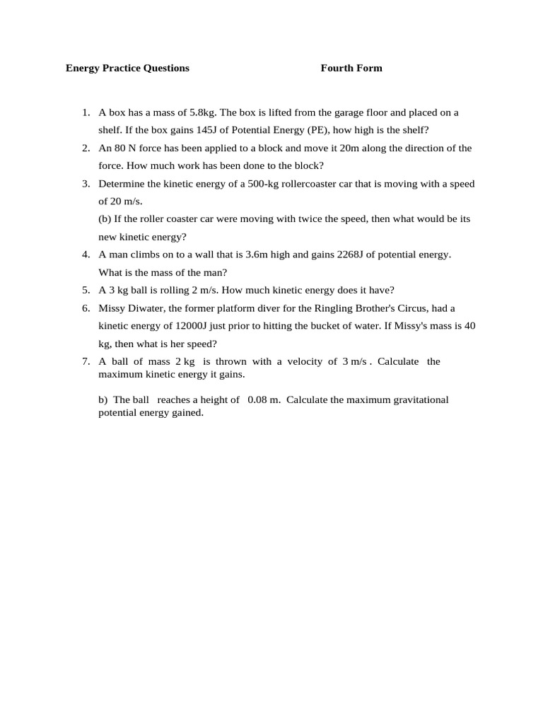 9 Energy Practice Questions | PDF