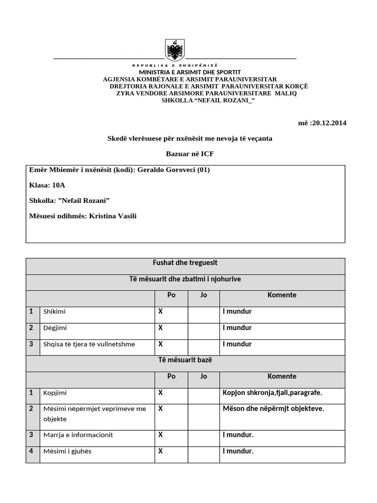Dokumenti 4. Skeda Icf e Mesuesit Ndihmes | PDF