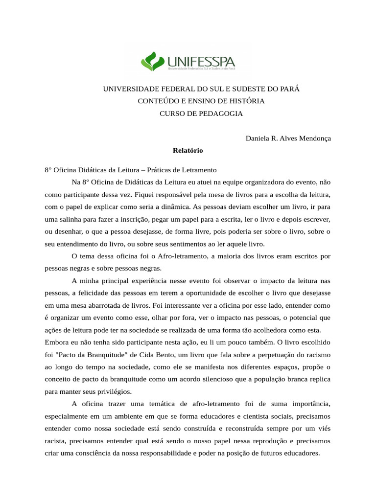 Relatório Didatica Da Leitura (História) (1) | PDF | Experiência | Livros