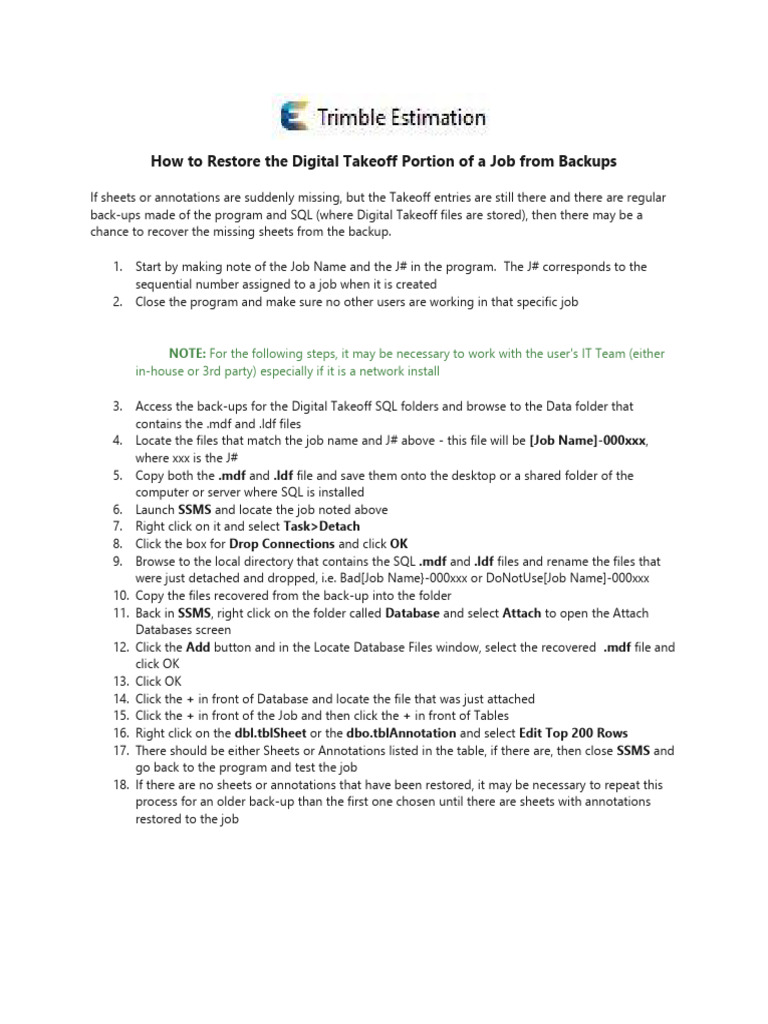 How To Restore The Digital Takeoff Portion of A Job From Backups | PDF ...