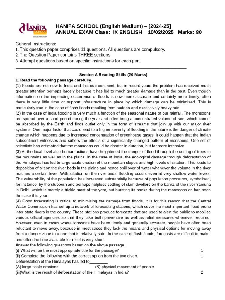 Class Ix English Qp. 2025 | PDF