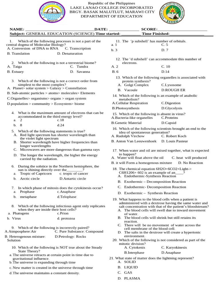 General Education Science Assessment | PDF | Chemical Reactions | Mitosis
