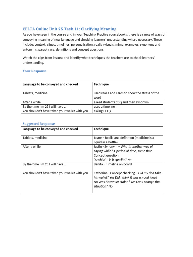 CELTA Online Unit 25 Task 11 - Clarifying Meaning | PDF