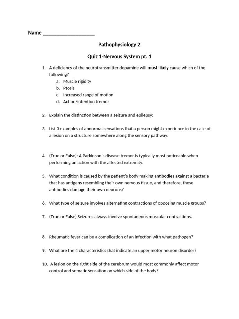 Nervous System Pathophysiology Quiz | PDF