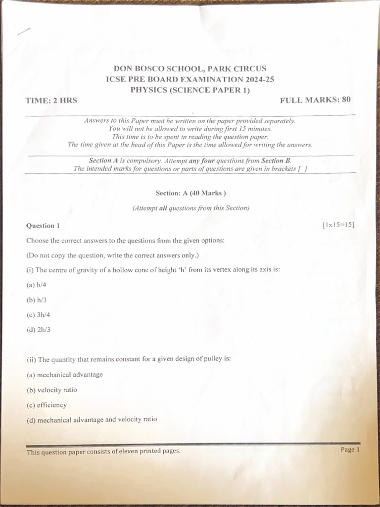 DBPC Physics Pre Board Q Paper | PDF