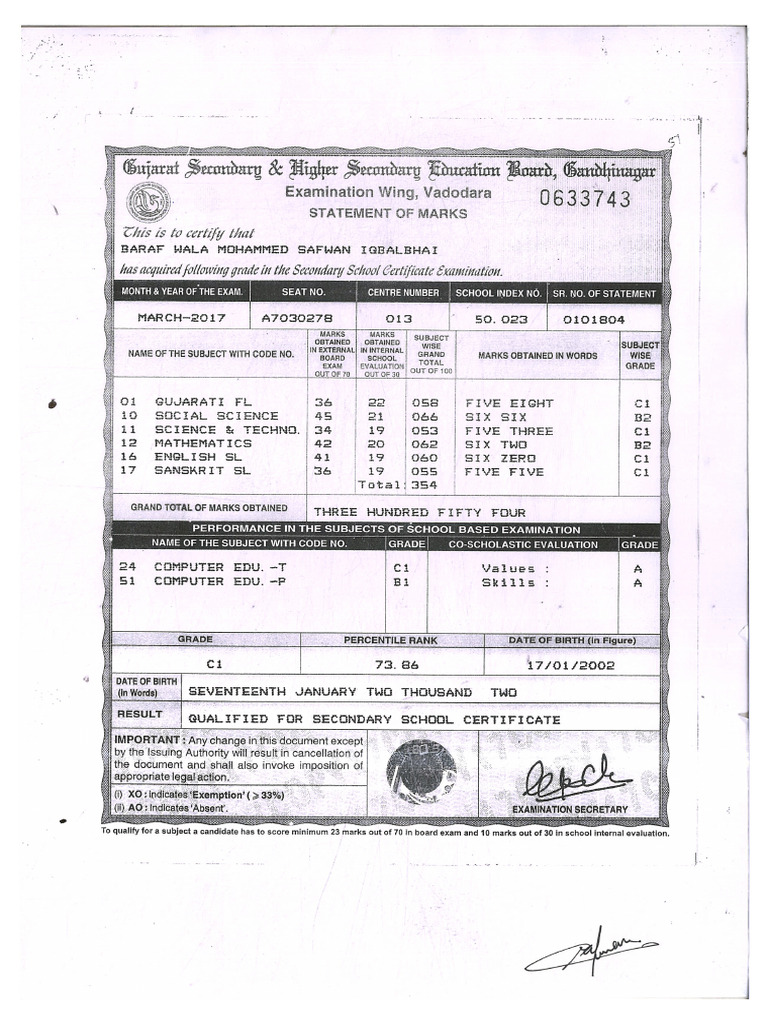 10th Marksheet | PDF