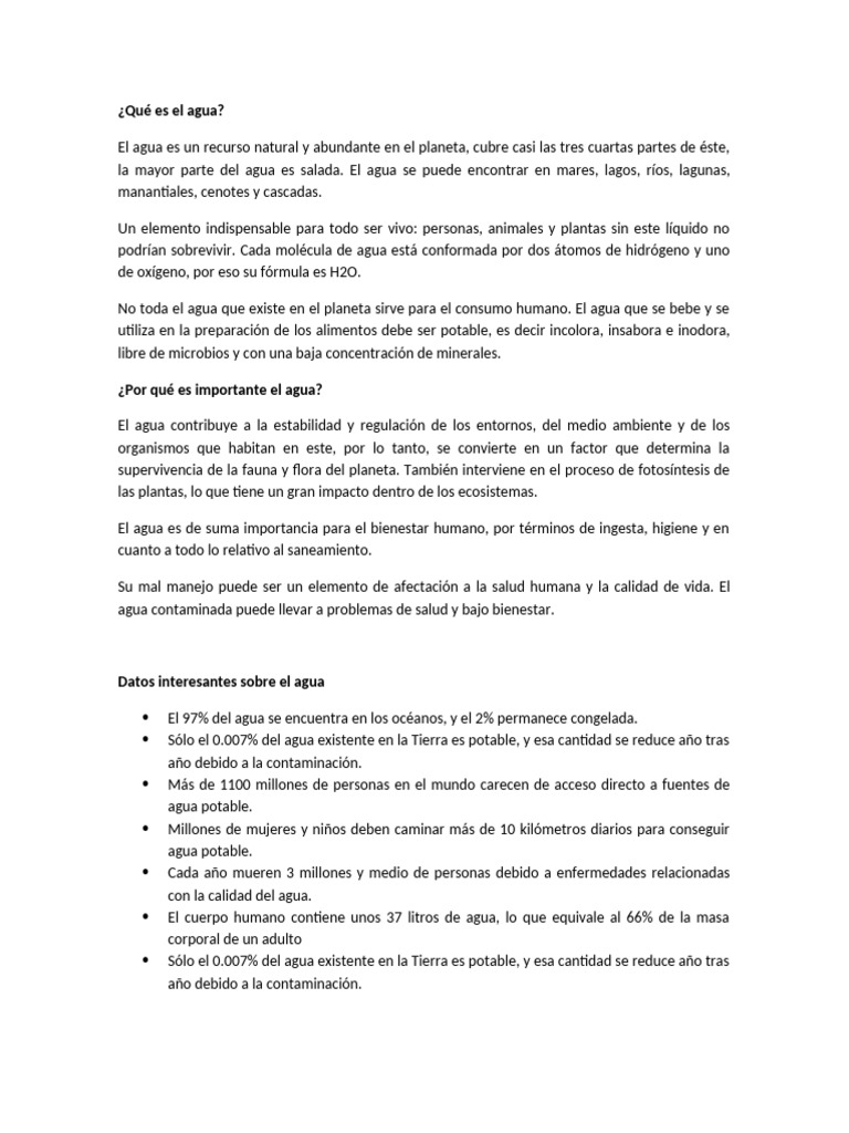 Importancia del Agua en la Vida Infantil | PDF | Agua | Agua potable