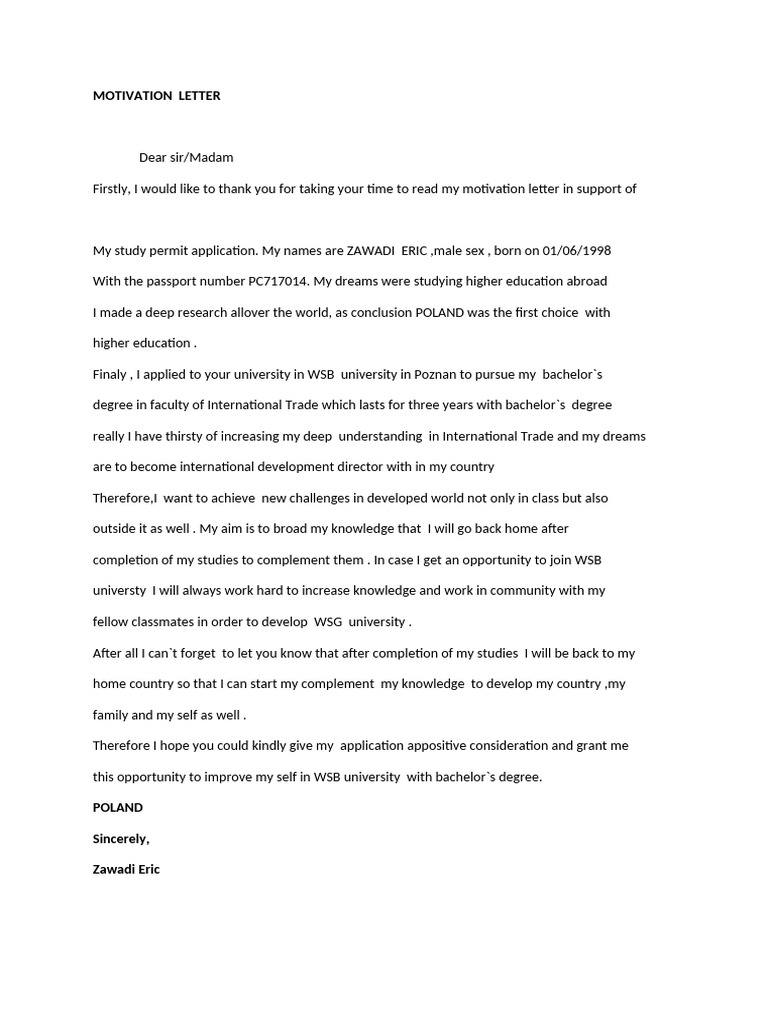 Study Permit Motivation Letter for WSB University | PDF