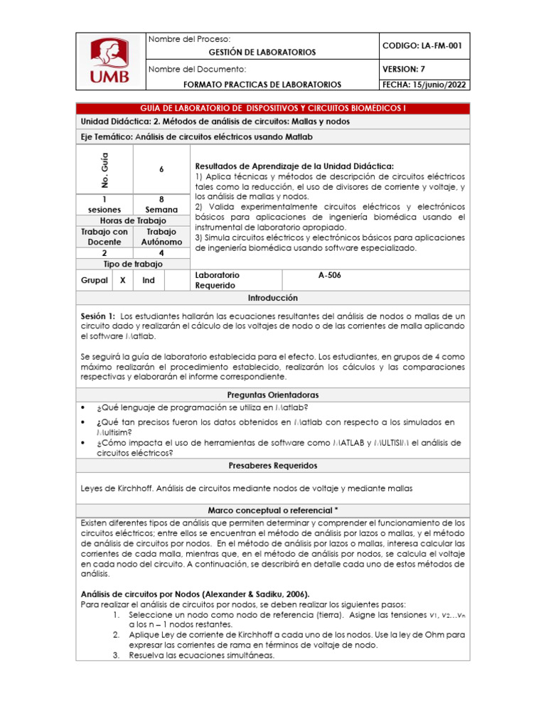 Guia 6 - Analisis de Circuitos Con Matlab | PDF | Matriz (Matemáticas) | Red eléctrica
