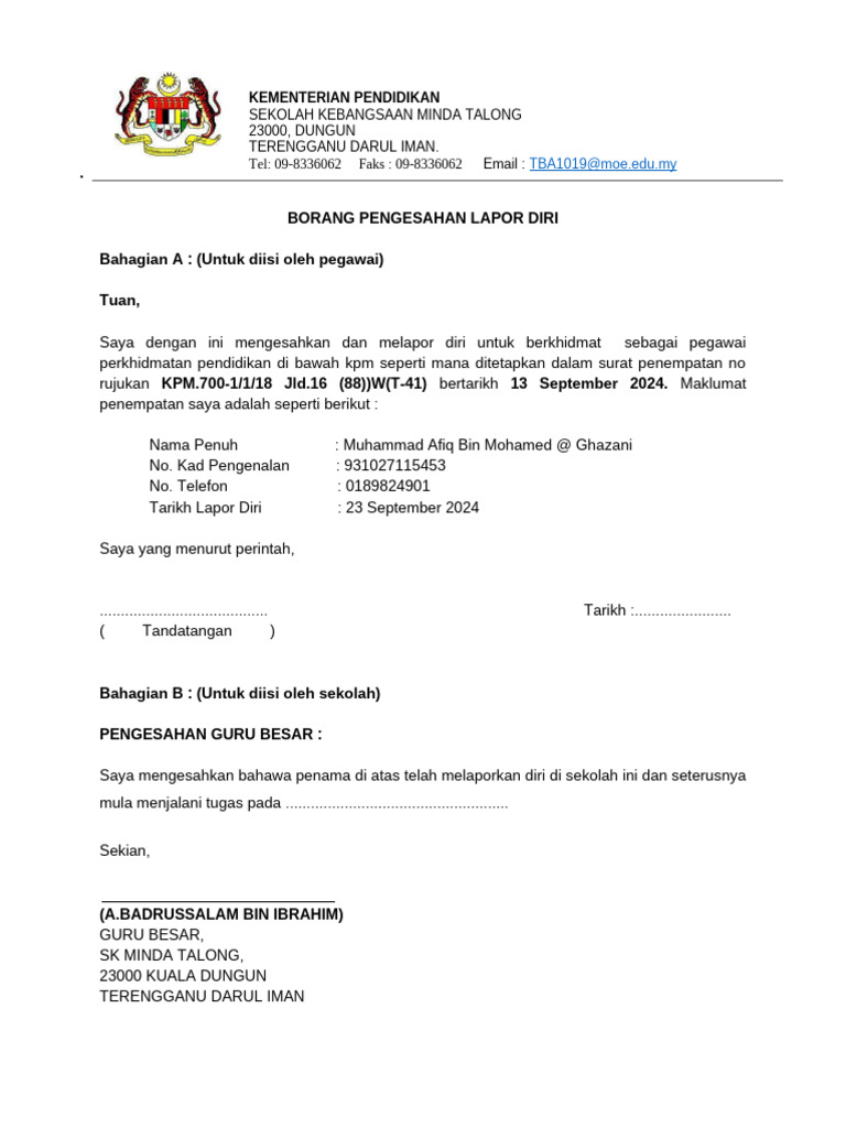 Surat Lapor Diri Afiq | PDF