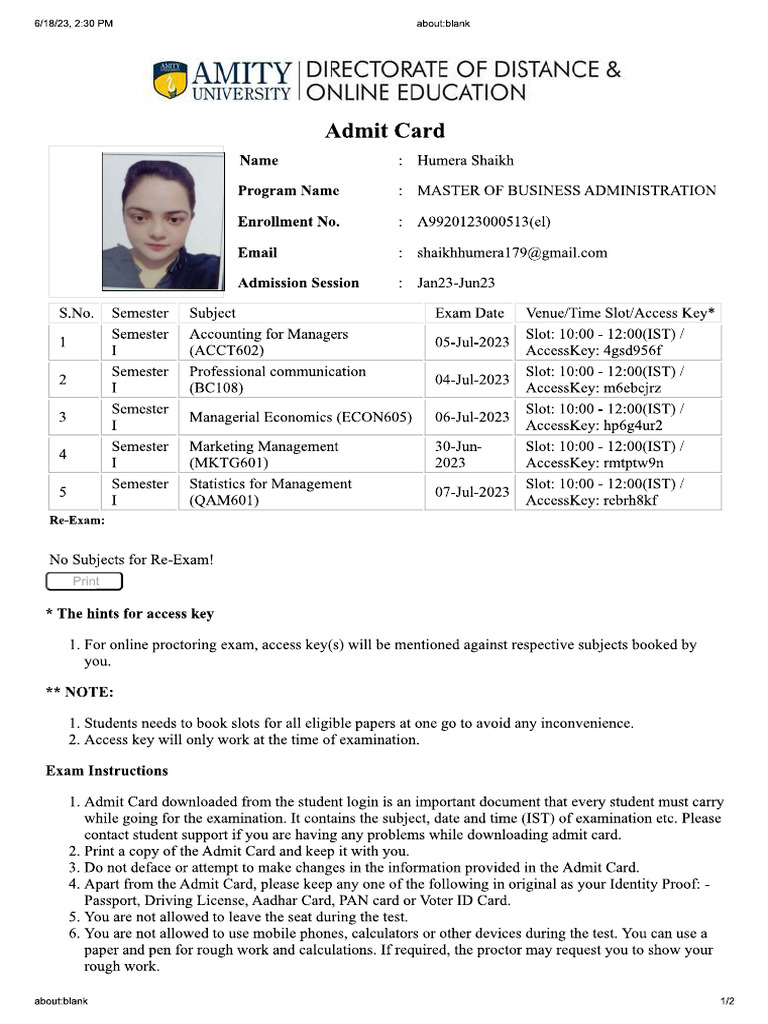 Admit Card Amity First Semester | PDF