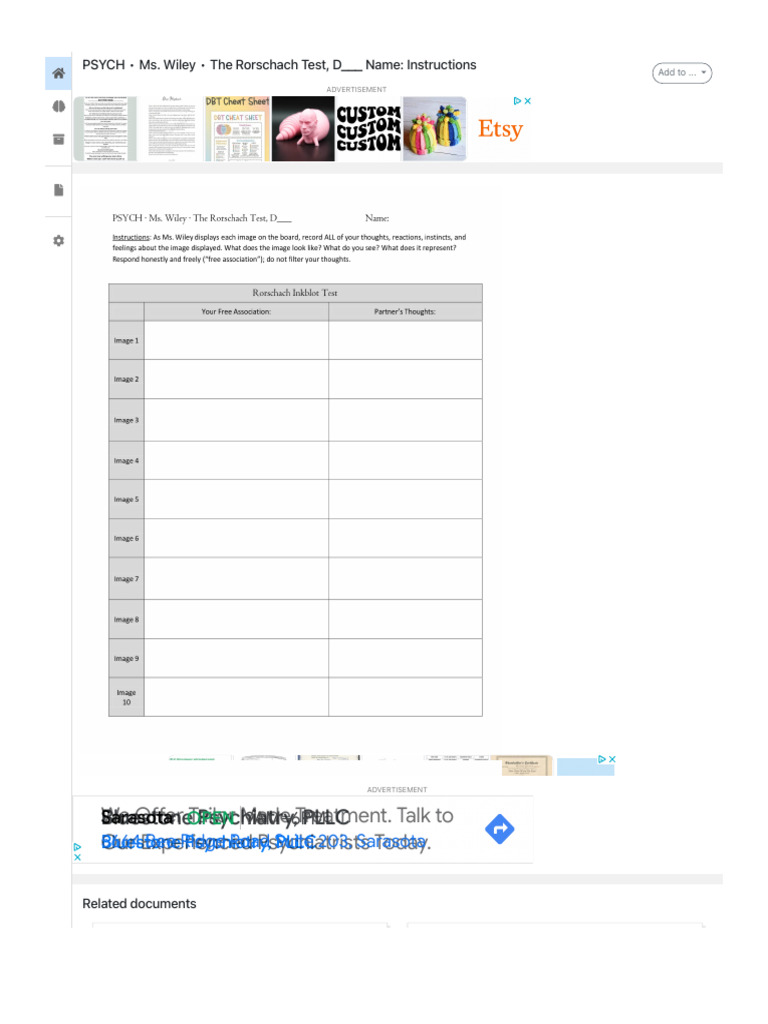 PSYCH Ms. Wiley The Rorschach Test, D - Name - Instructions | PDF