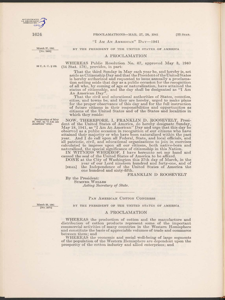 STATUTE-55-Pg1624 I Am An American Day | PDF | Citizenship | Naturalization