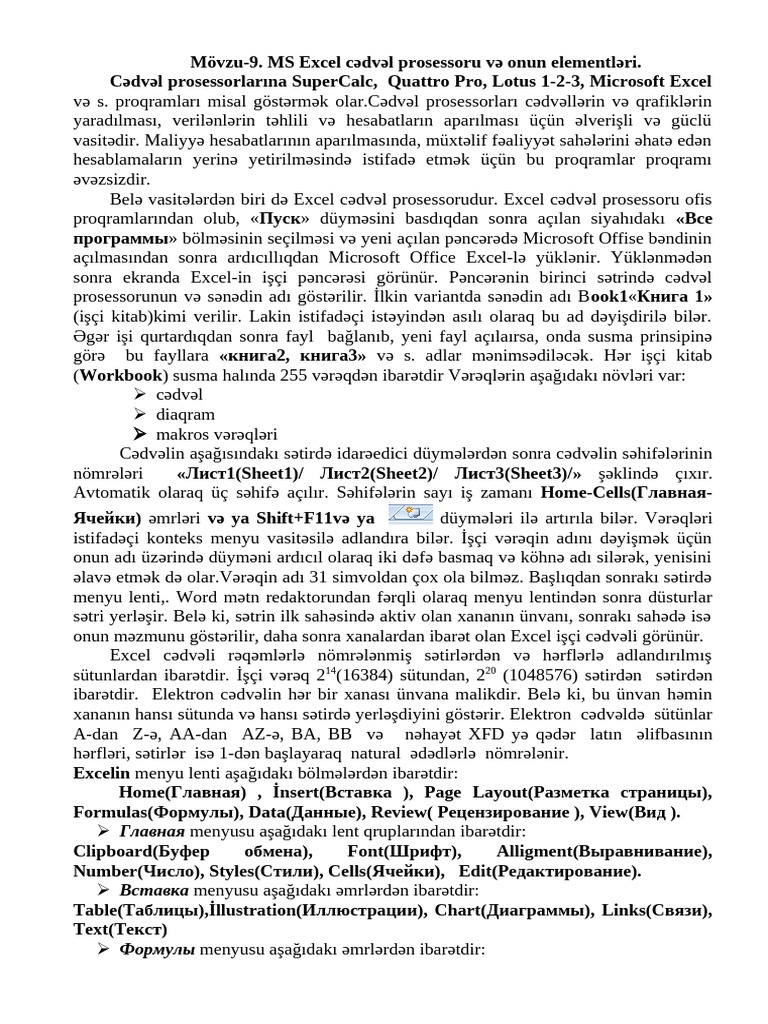 Movzu-9. MS Excel CƏDVƏL Prosessoru | PDF