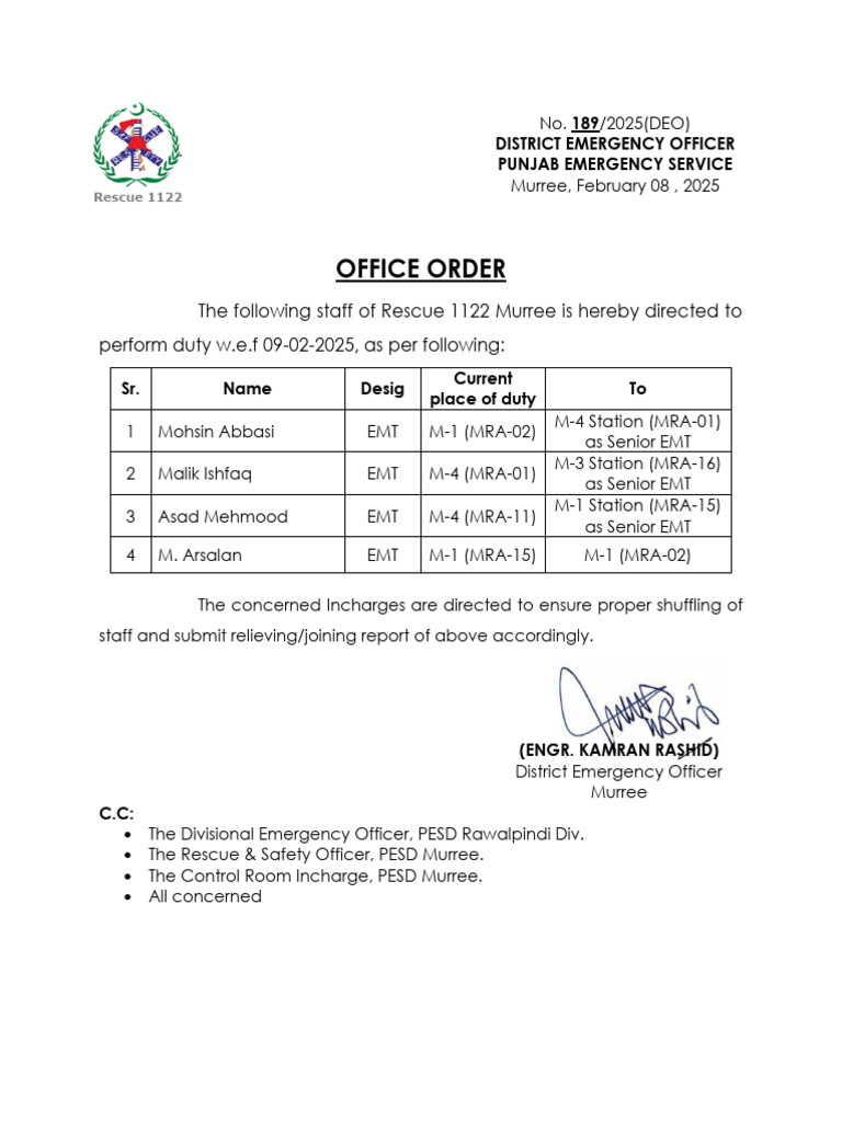 Staff Duty Assignment for Rescue 1122 | PDF