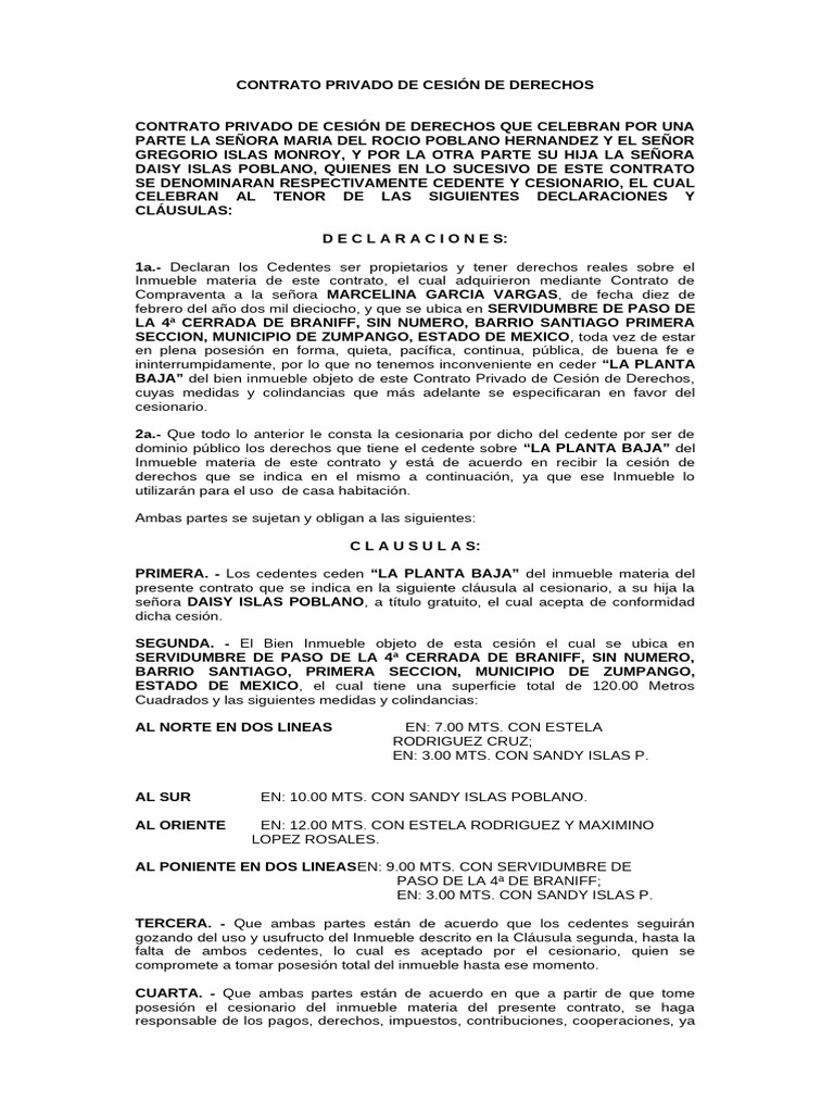 Contrato Cesion de Derechos Daisy Islas Poblano | PDF | Estado de los ...