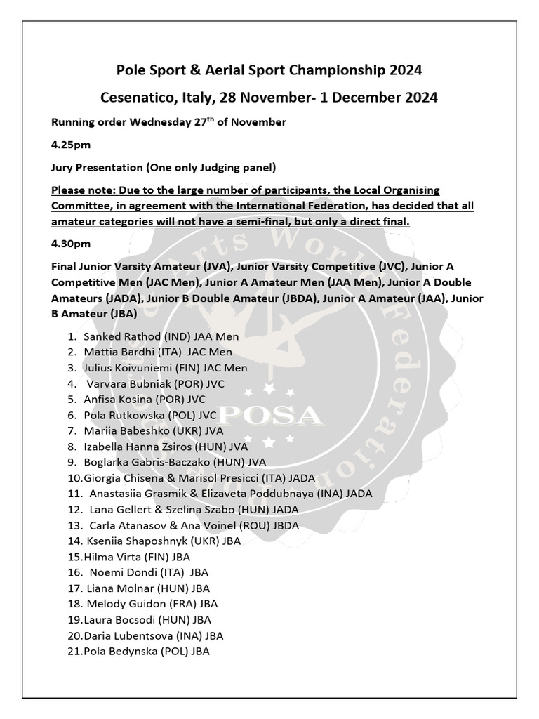 Running Order Pole Sport Worlds2024 | PDF | Practice Of Law