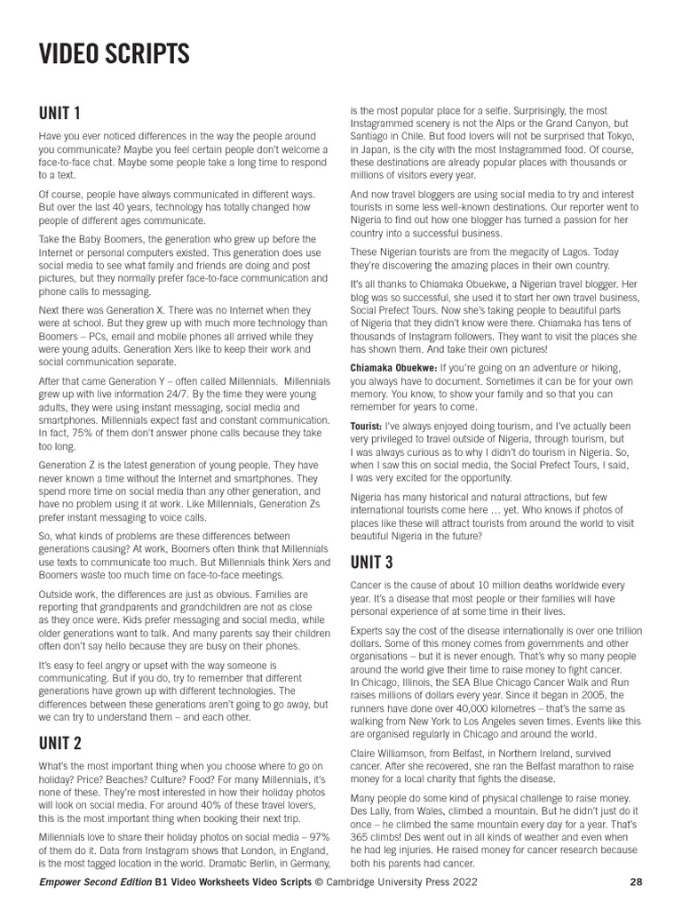 Empower Pre-Intermediate Video Activty Sheet Scripts | PDF | Millennials | Sharks