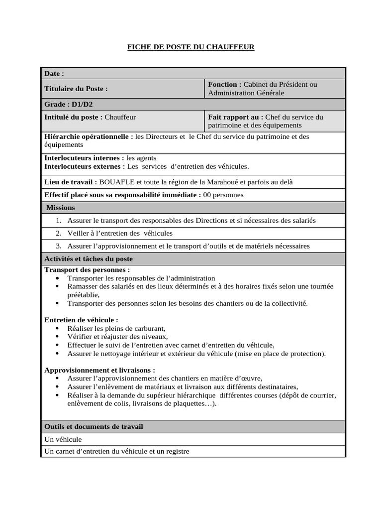 FICHE DE Poste Du Chauffeur | PDF