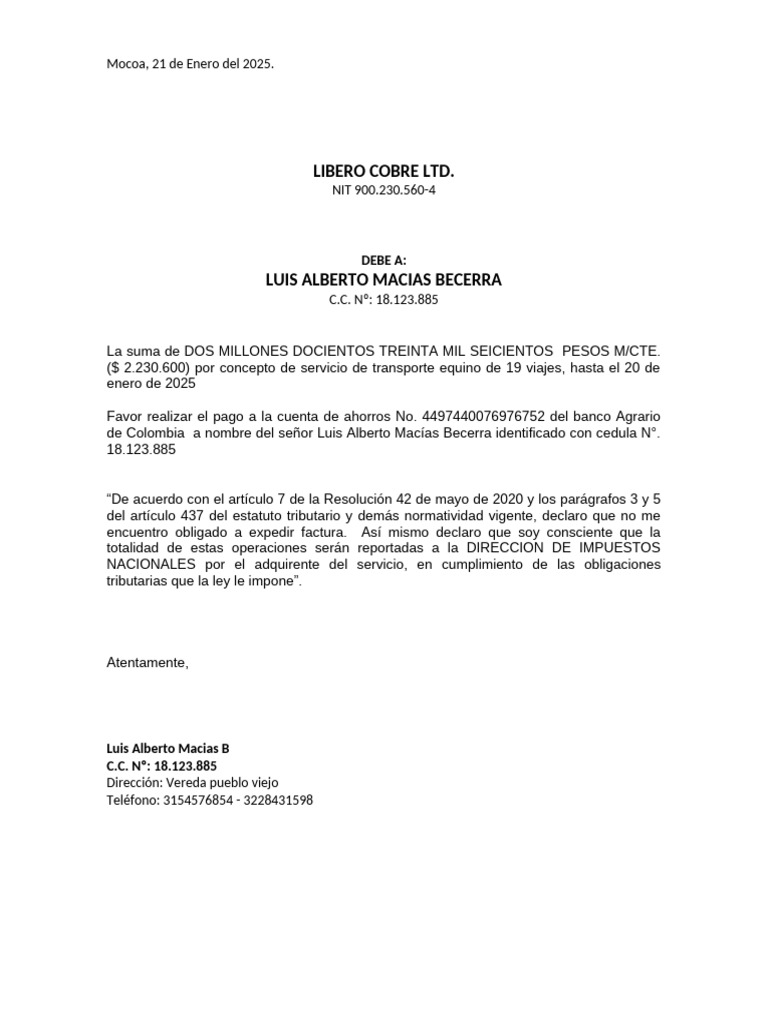 Modelo Cta de Cobro Servicio Equino. | PDF